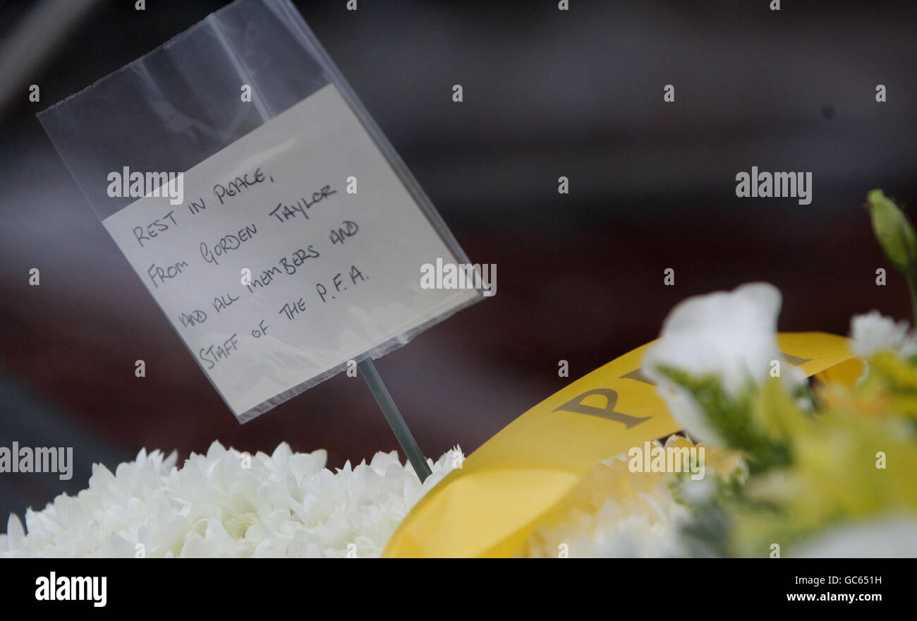 Floral tributes from the PFA inside the hearse of Busby Babe Albert ...