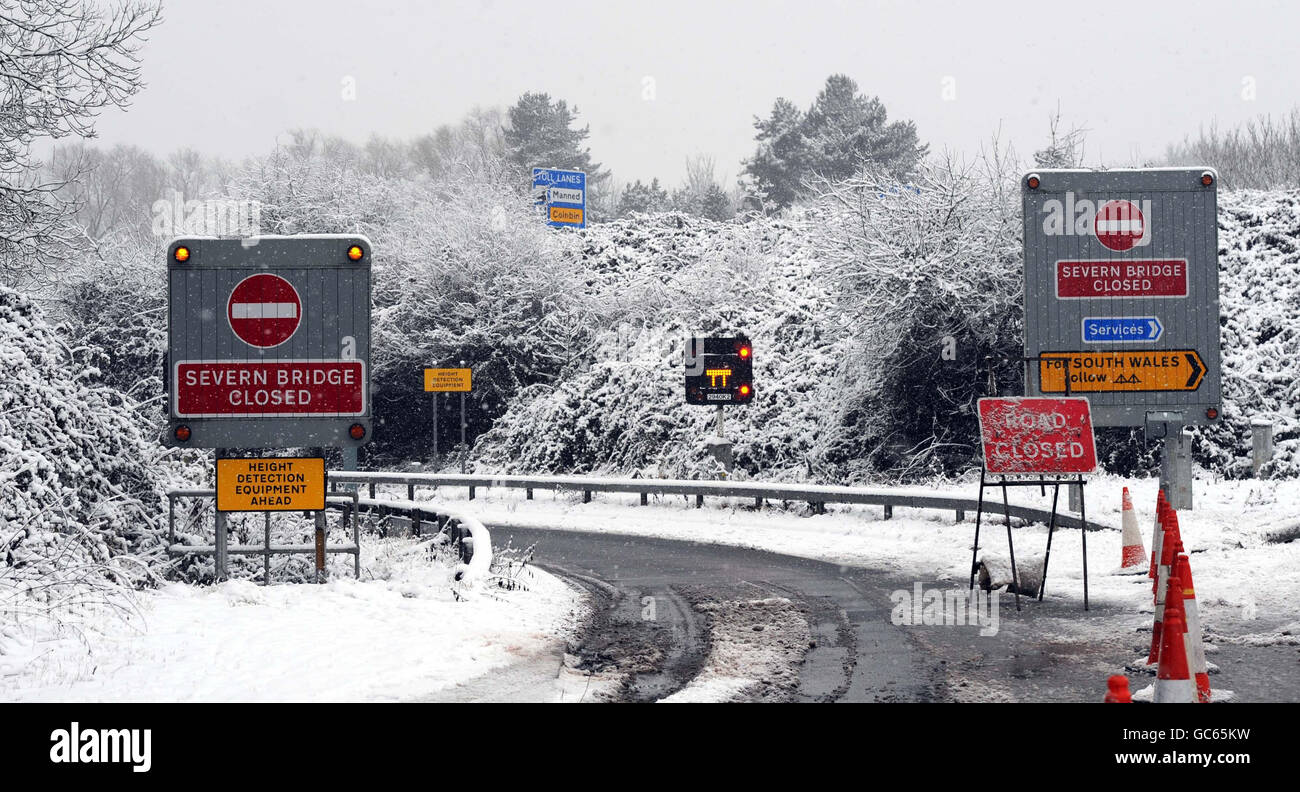 Road closed signs (on the England side) are seen on the approach to the ...