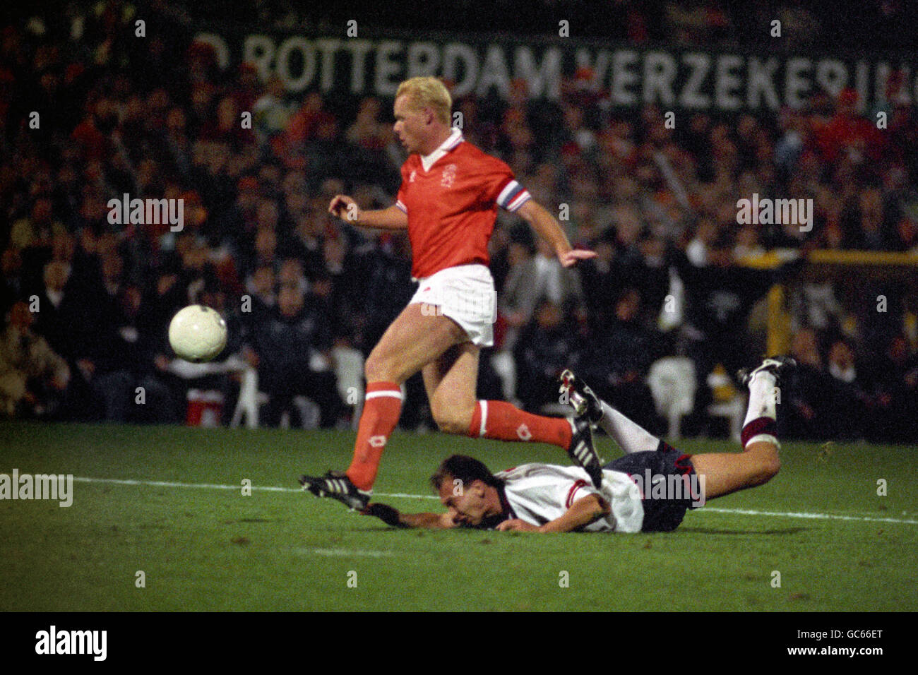 ENGLAND'S DAVID PLATT ON THE GROUND AFTER BEING FLOORED BY RONALD ...