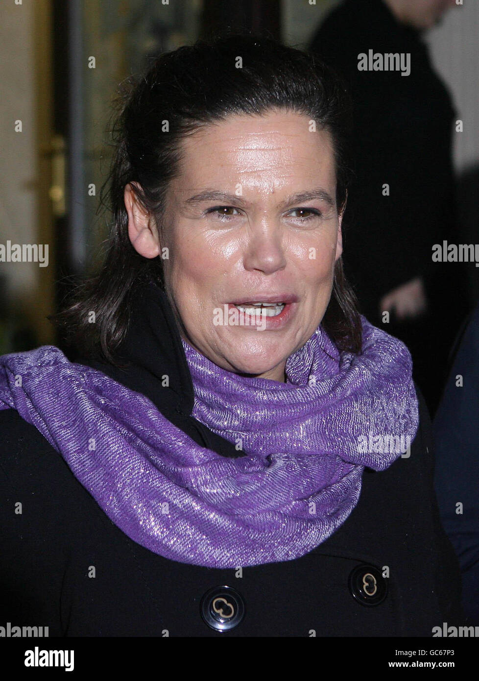 Sinn Fein vice president Mary Lou McDonald speaks to the media outside ...
