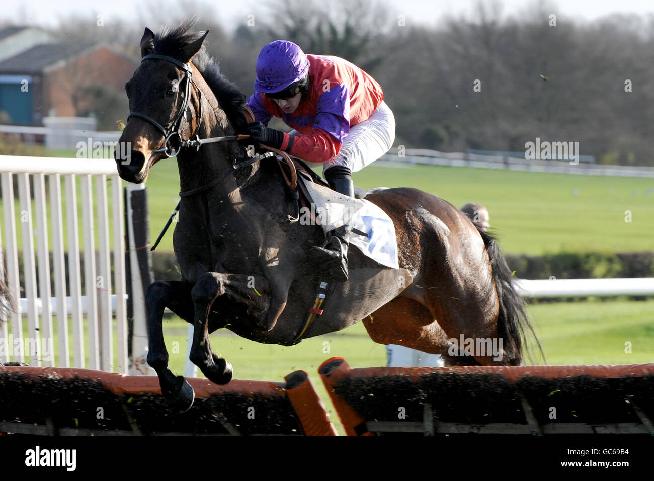 Horse racing races full length fence hurdle hi-res stock photography ...