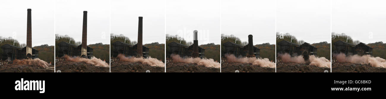 Standalone, photo sequence - A chimney stack is brought down in a ...
