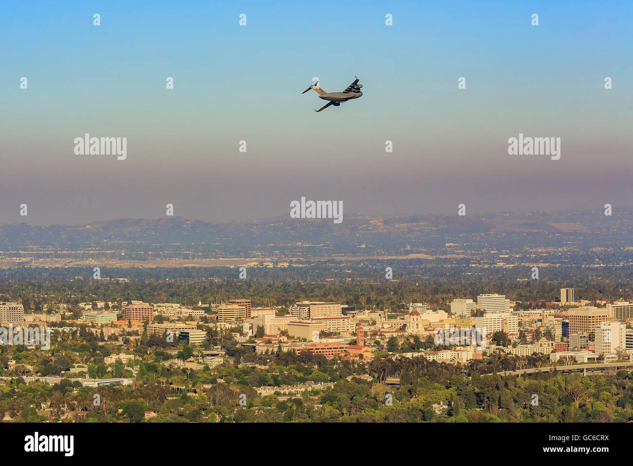 The beautiful Pasadena City hall and Pasadena downtown view with US Air ...