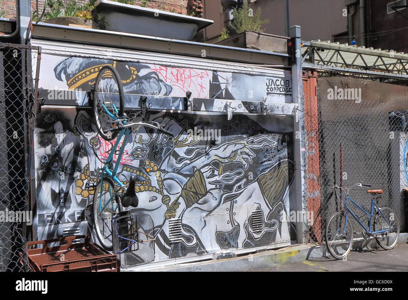 Bicycle rack parking and graffiti in Melbourne downtown Australia Stock ...