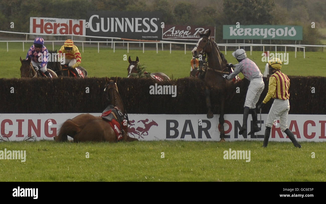 Jockeys clash on hurdle during the g a a fundraisers beginners chase hi ...