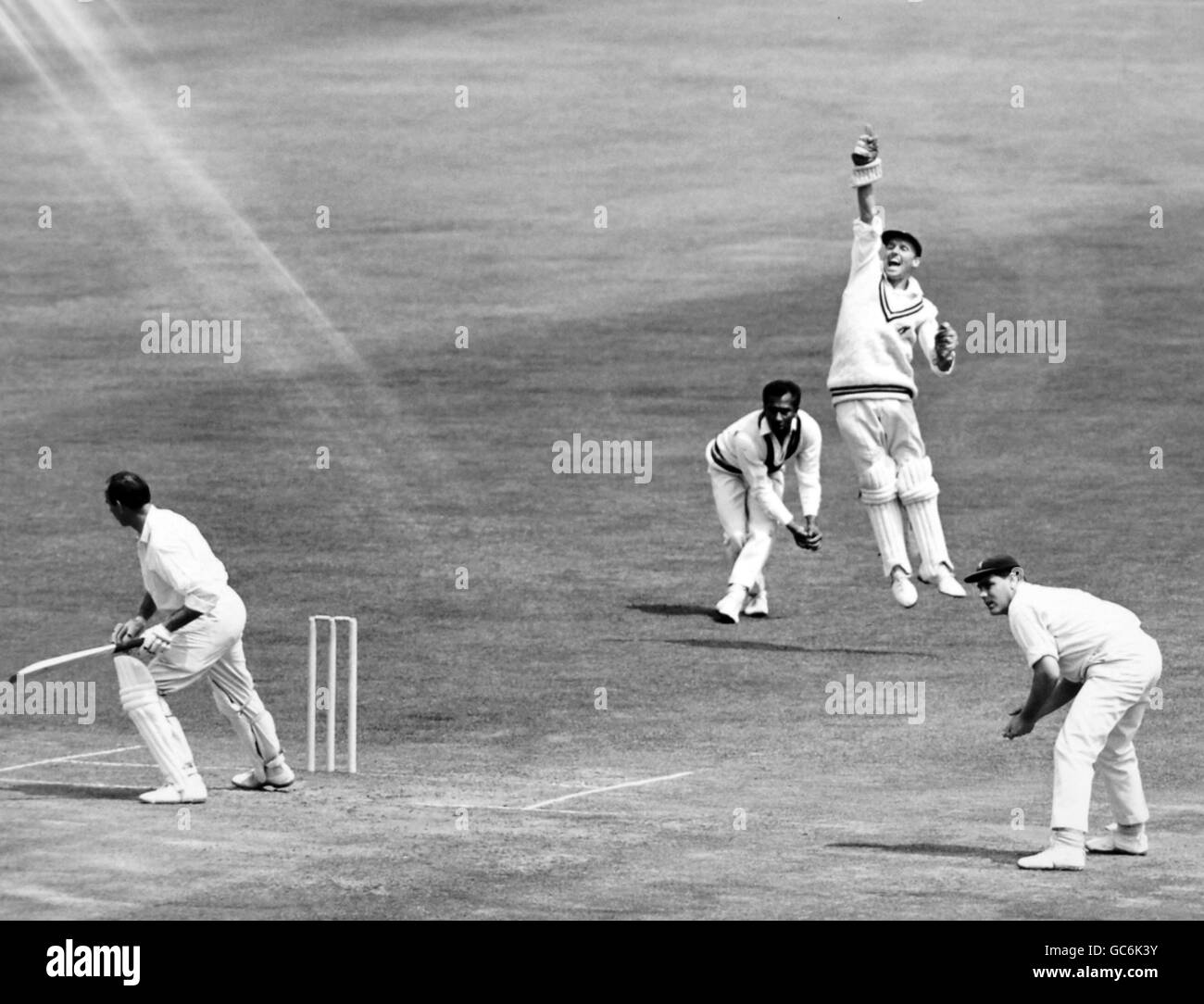 Middlesex batsman Eric Russell is out L.B.W. for 53 runs, Warwickshire ...