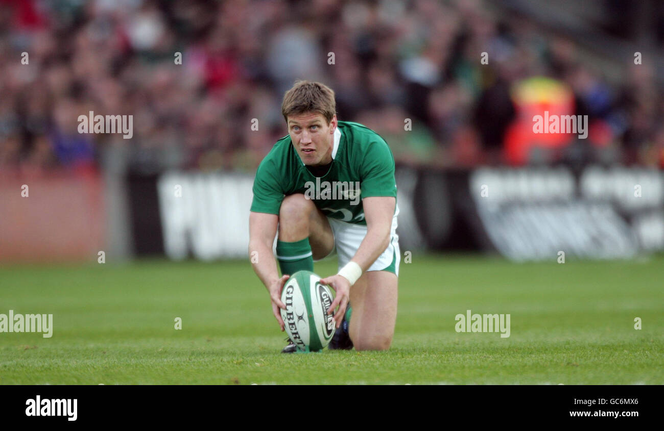 Ireland's Ronan O'Gara places the ball to kick a conversion during the ...
