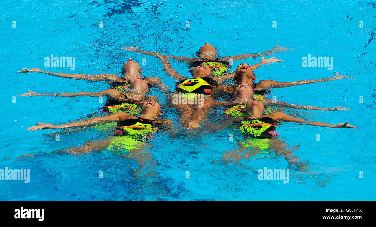The French team in formation during the Team Free Synchronised Swimming ...