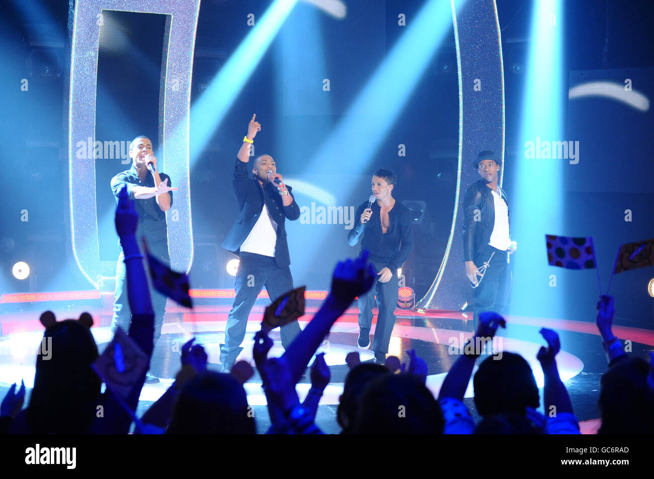 EDITORIAL USE ONLY. (left to right) Members of group JLS, Marvin Humes ...