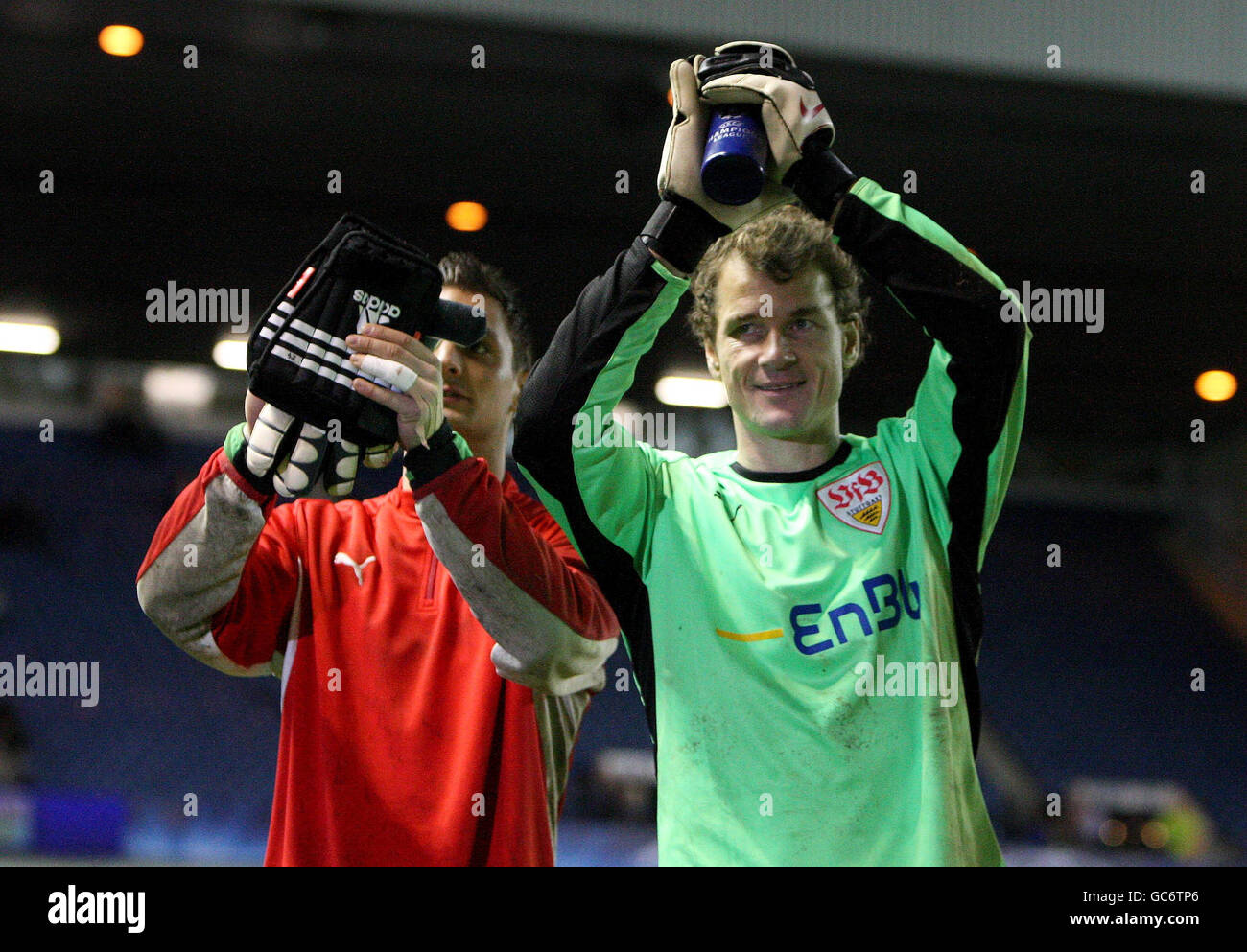 Stuttgart goalkeeper Jens Lehmann celebrates victory at the final ...