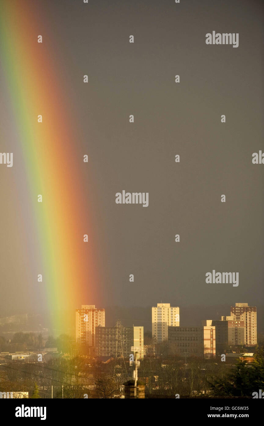 A rainbow forms over tower blocks in the Barton Hill area of Bristol ...