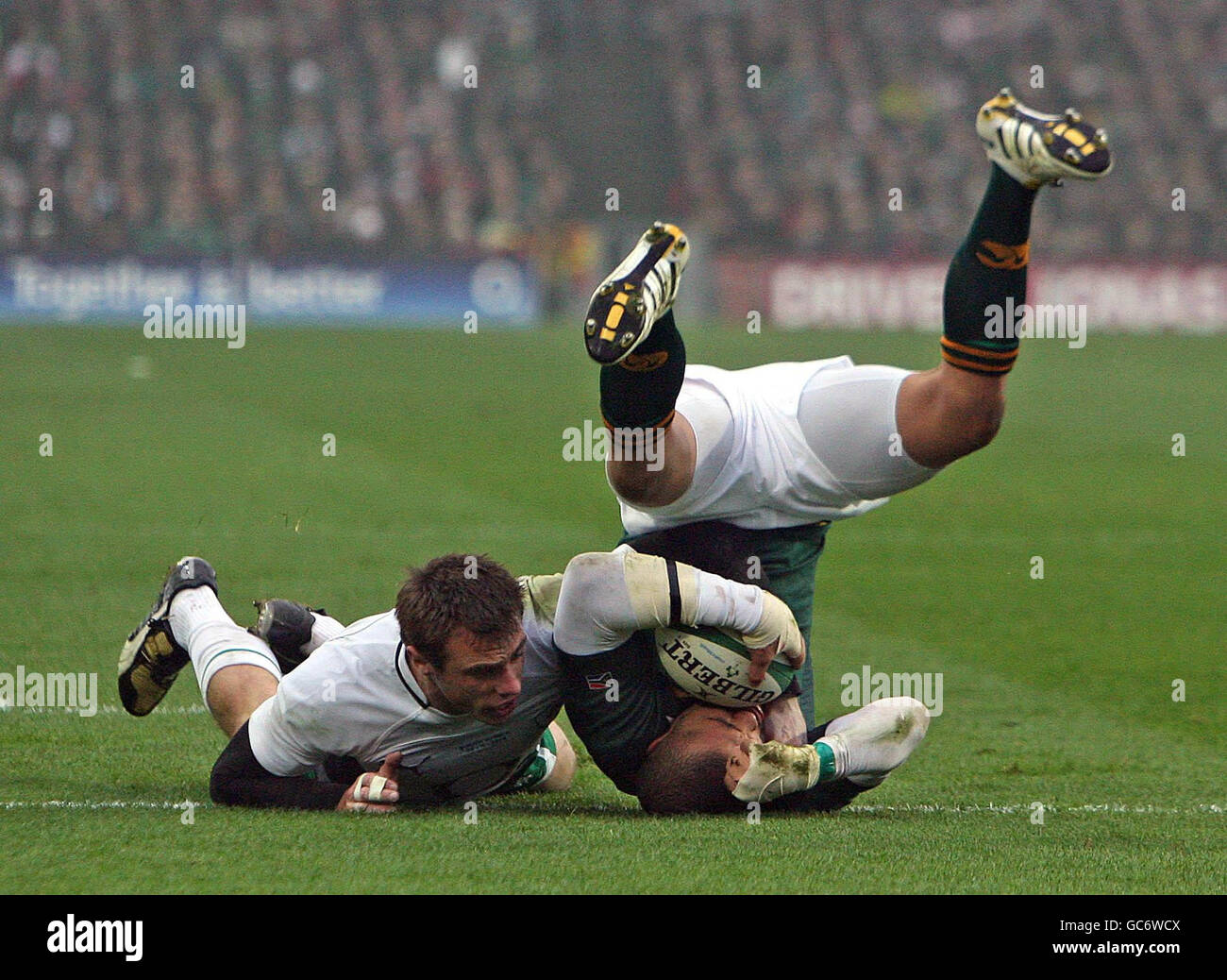 Ireland's Tommy Bowe takes down South Africa's Bryan Habana during the ...