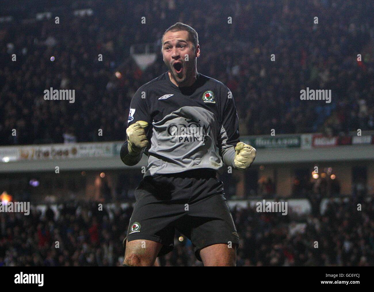 Blackburn Rovers' goalkeeper Paul Robinson celebrates after he saves a ...