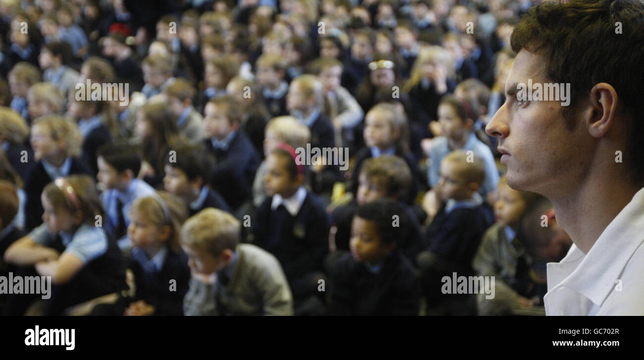 Tennis player Andy Murray during a visit to Broomhill Primary School in ...