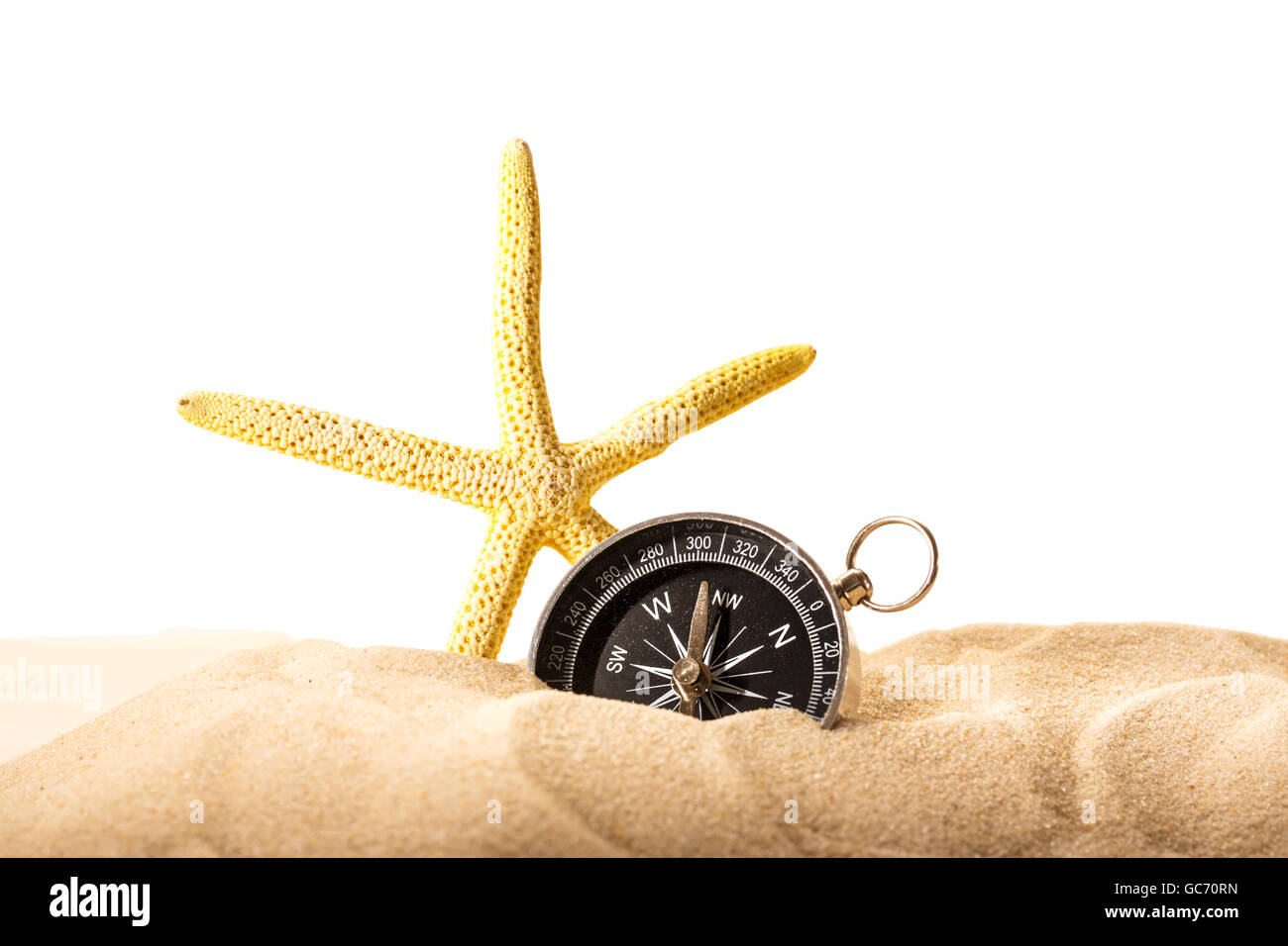 Fingerfish and compass in sand on white background Stock Photo - Alamy