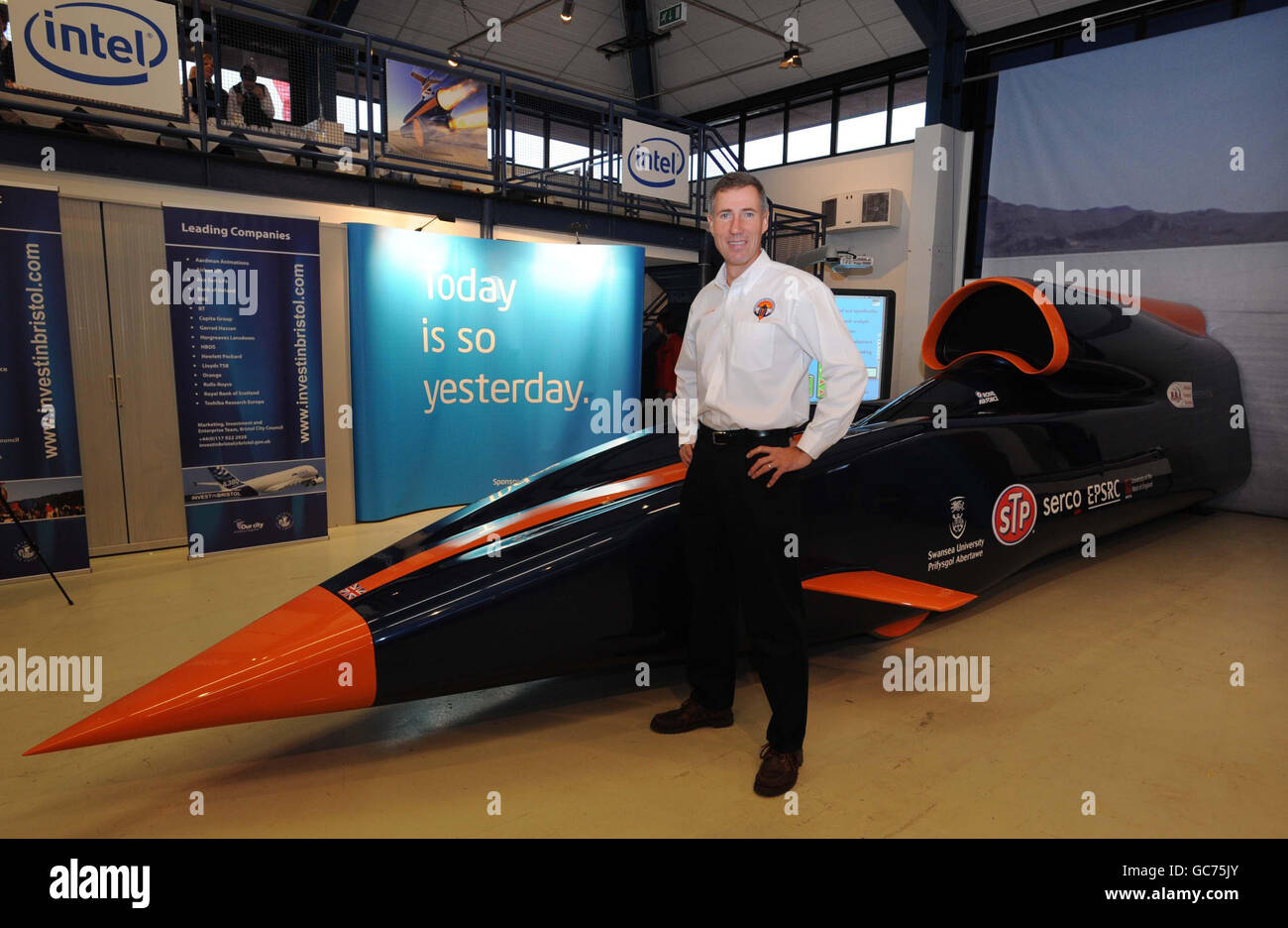 Bloodhound World Land Speed Record driver Andy Green stands next to a ...