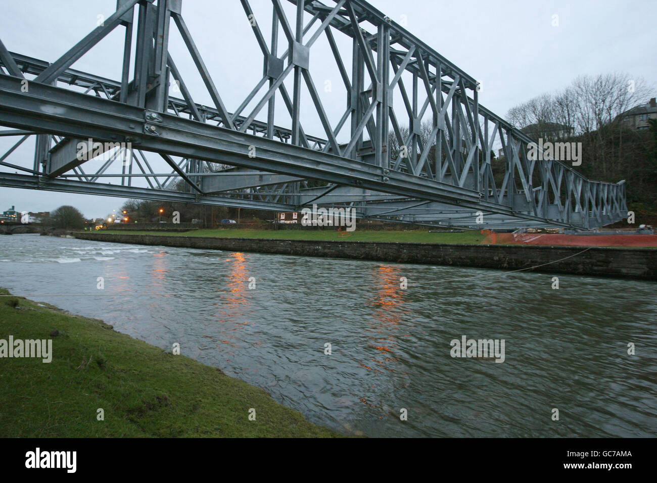 The temporary footbridge across the River Derwent in Workington ...