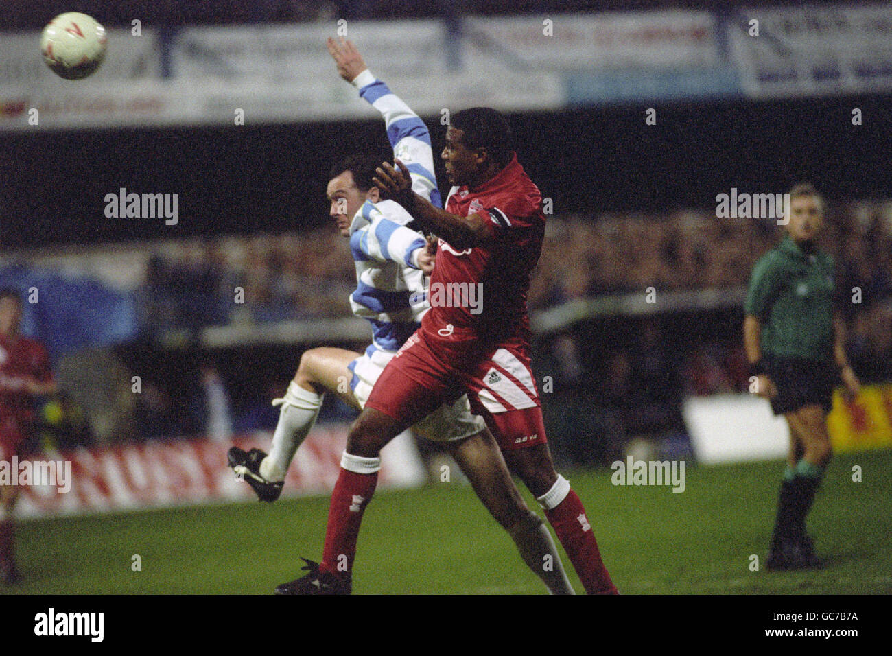 LIVERPOOL'S JOHN BARNES [R] CLASHES WITH DAVID BARDSLEY DURING PREMIER ...