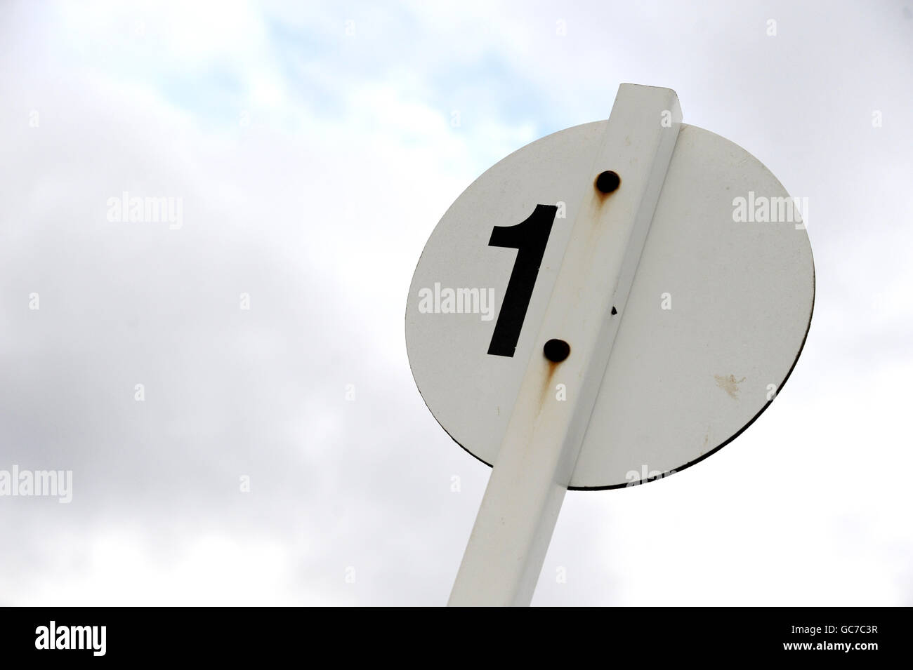A general view of a 1 furlong signpost Leicester Racecourse Stock Photo ...