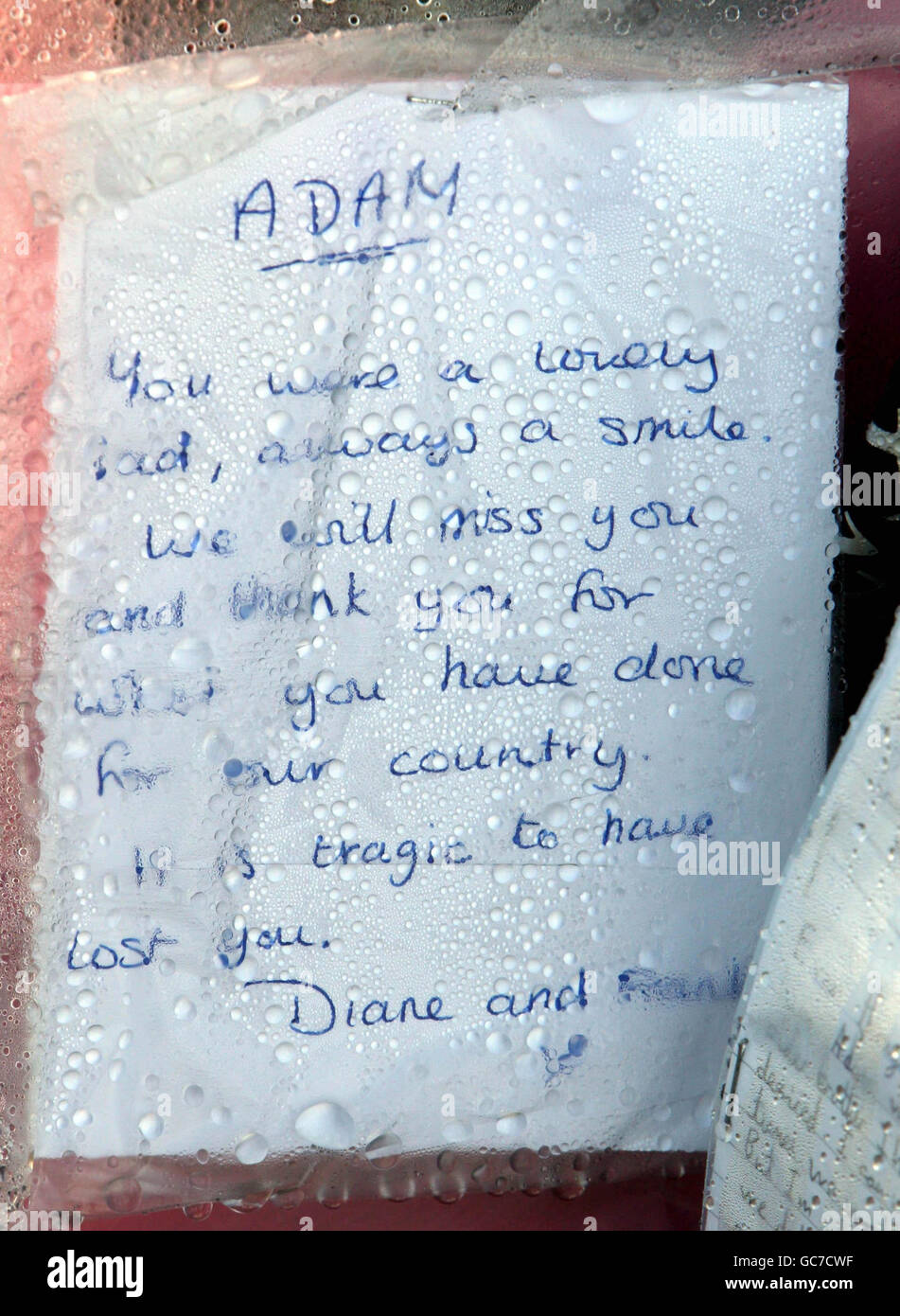 A tribute is left in memory of Lance Corporal Adam Drane of the Royal ...