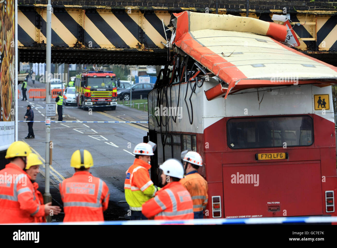 Bus hits bridge Stock Photo - Alamy