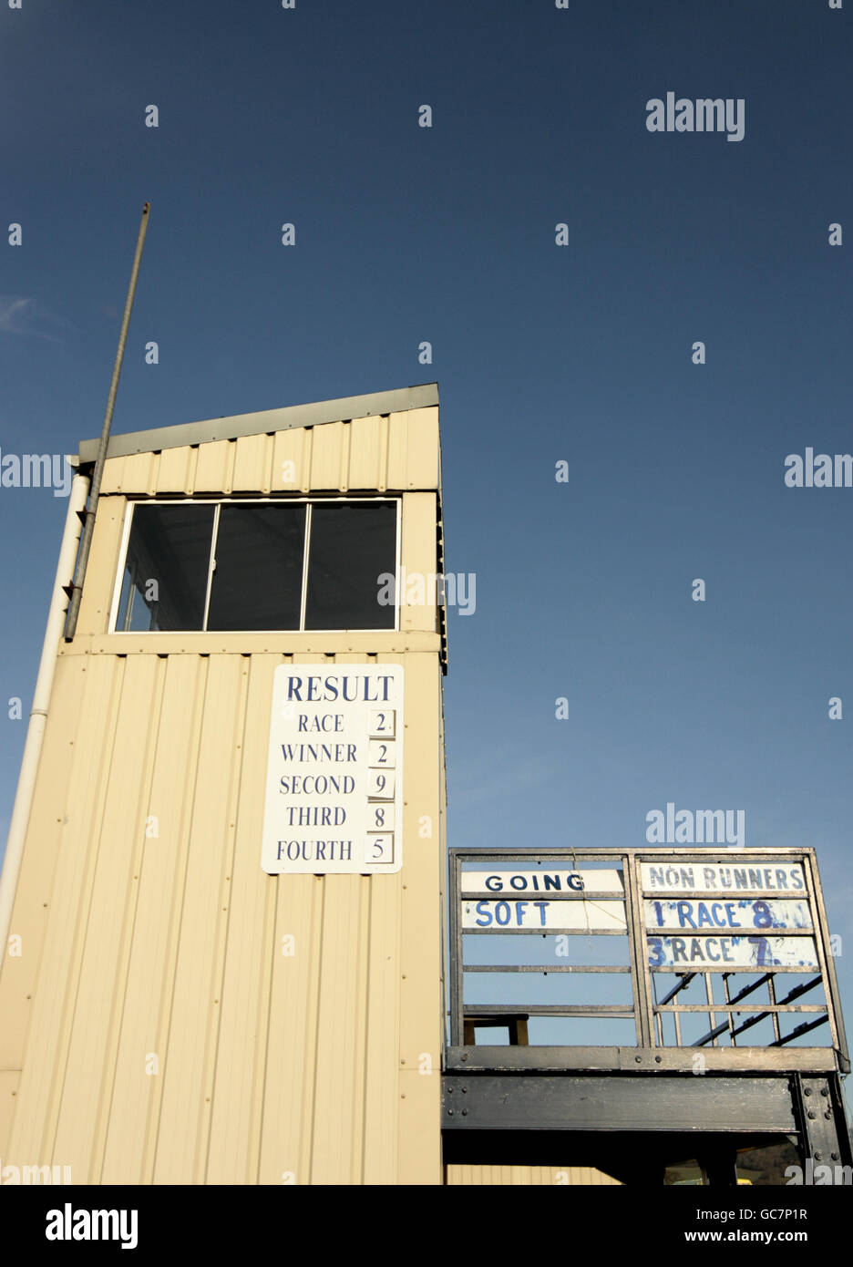 General view of the commentary tower and signs with non runners on at ...