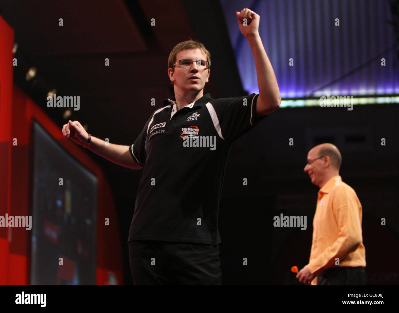 Mark Webster celebrates beating Co Stompe during the Ladbrokes.com ...