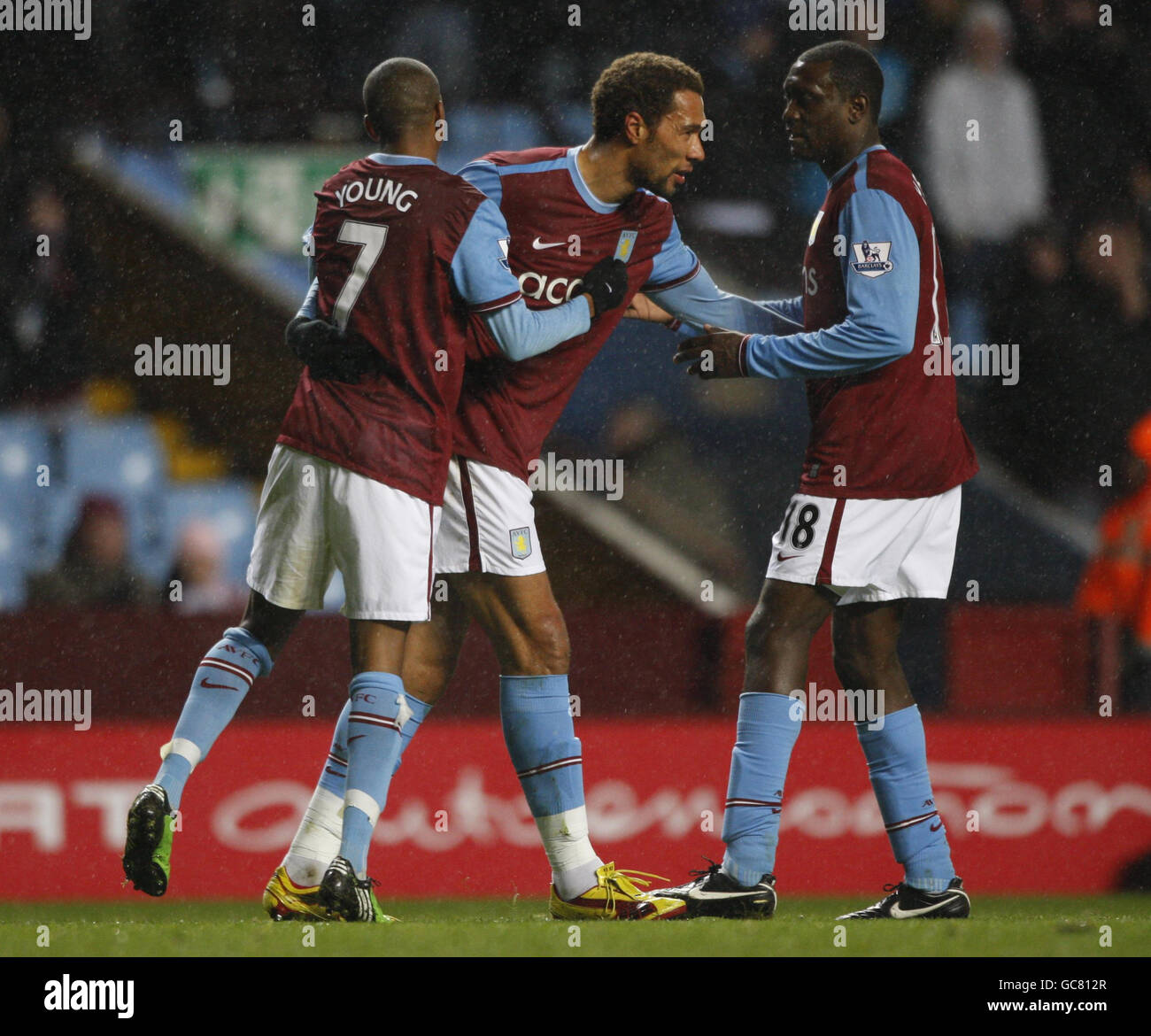 Aston Villa's John Carew celebrates with Emile Heskey (right) and ...
