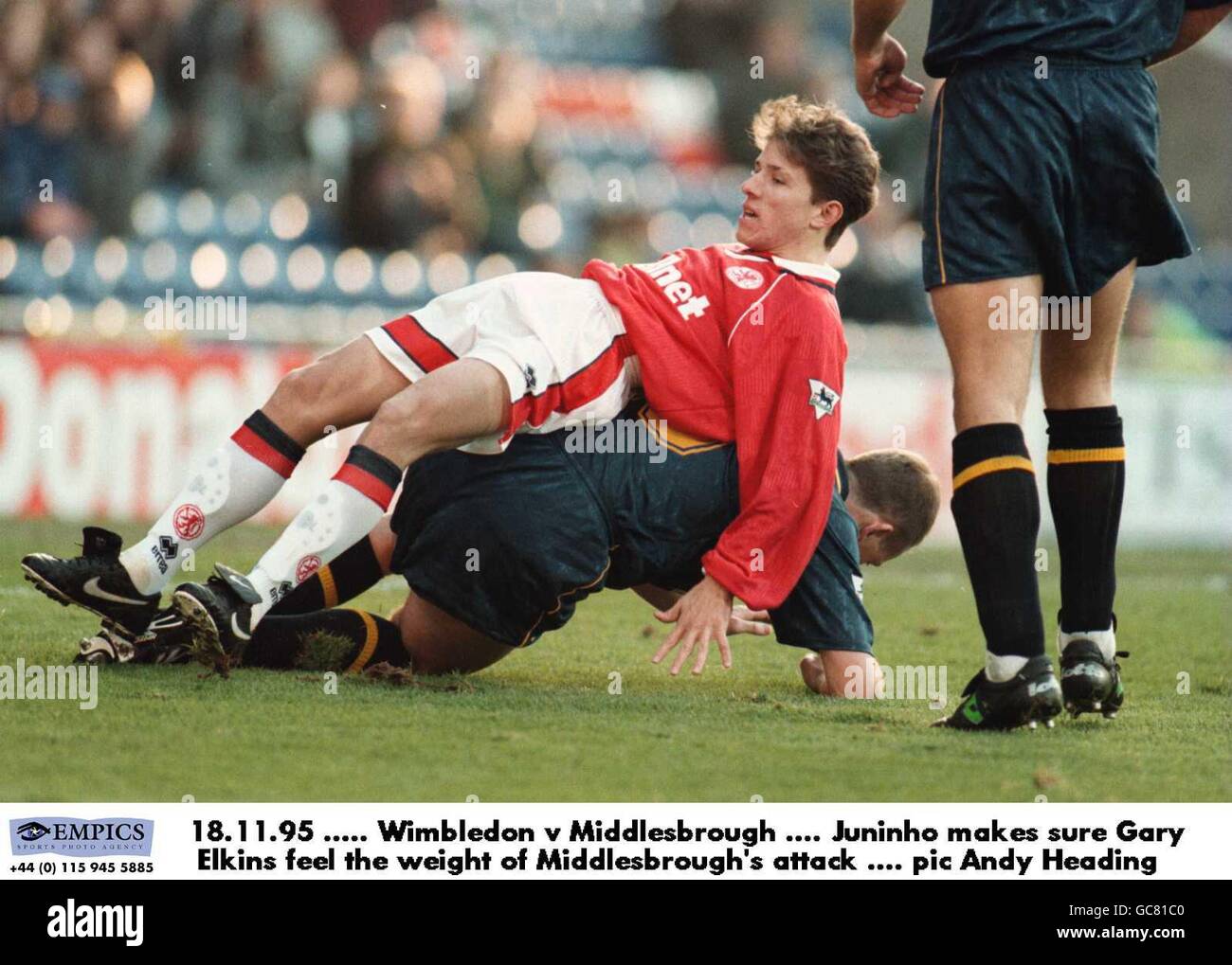 18.11.95, Wimbledon v Middlesbrough, Juninho makes sure Gary Elkins ...