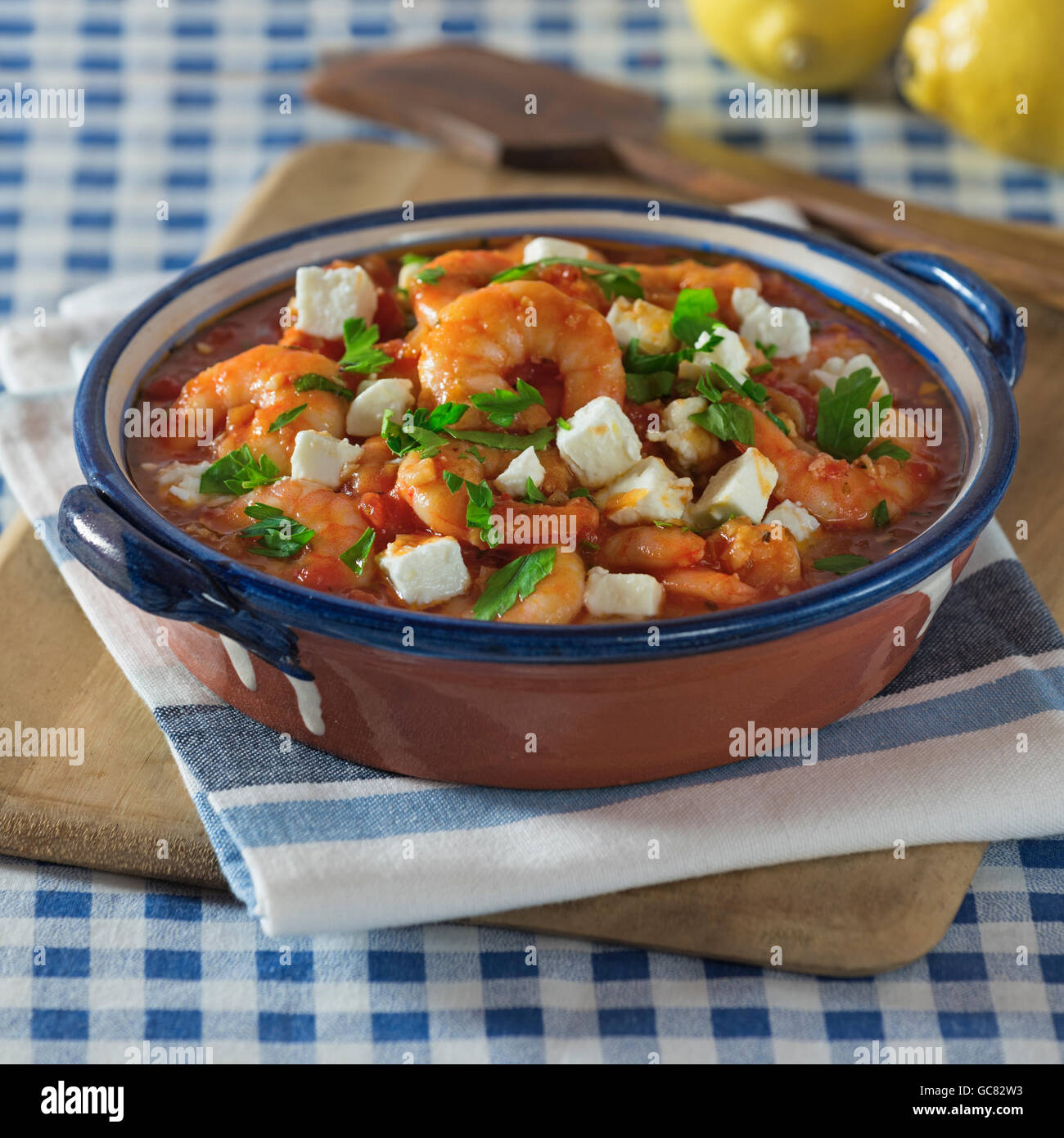 Prawns saganaki. Greek seafood dish. Greece Food Stock Photo - Alamy
