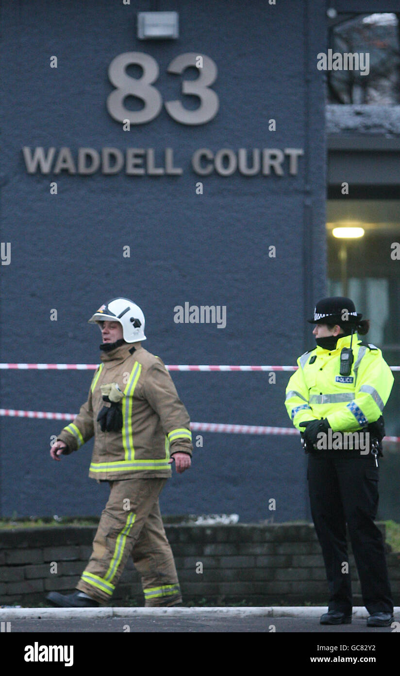 The scene at Waddell Court in Glasgow, following a fire that is feared ...