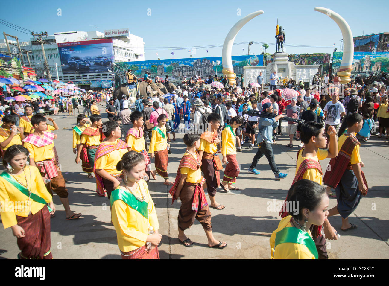 Elephants and People at the Elephant Square in the city centre of Surin ...