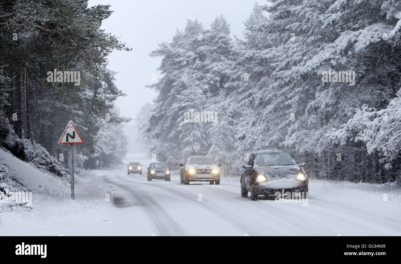 Winter weather. General view of the snow covered road leading to the ...