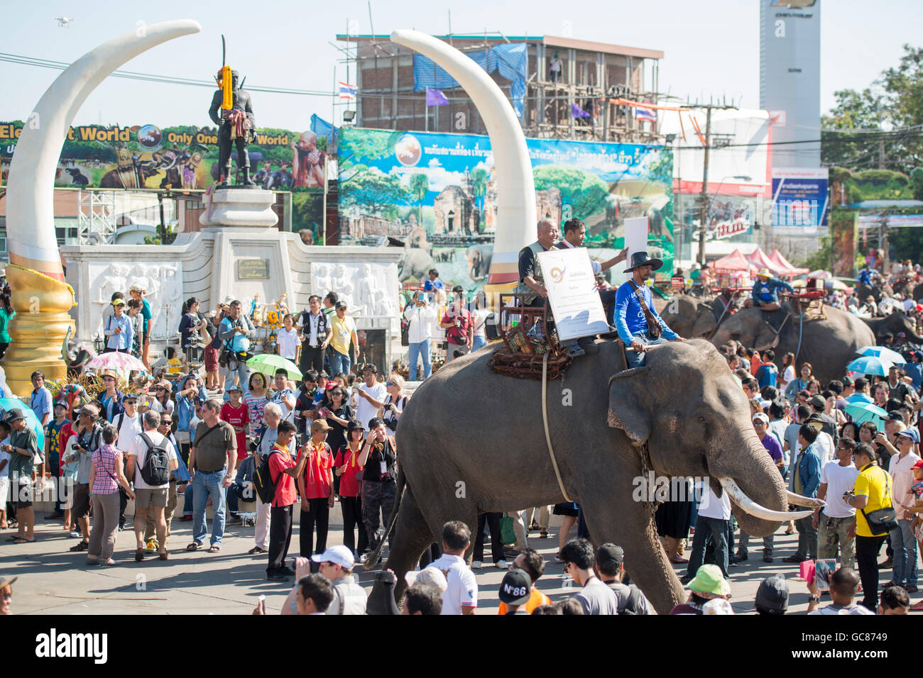 Elephants and People at the Elephant Square in the city centre of Surin ...