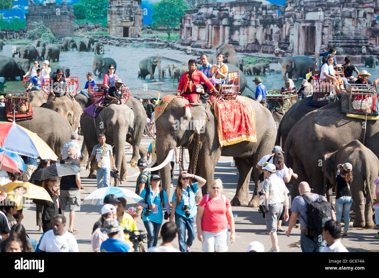 Elephants and People at the Elephant Square in the city centre of Surin ...