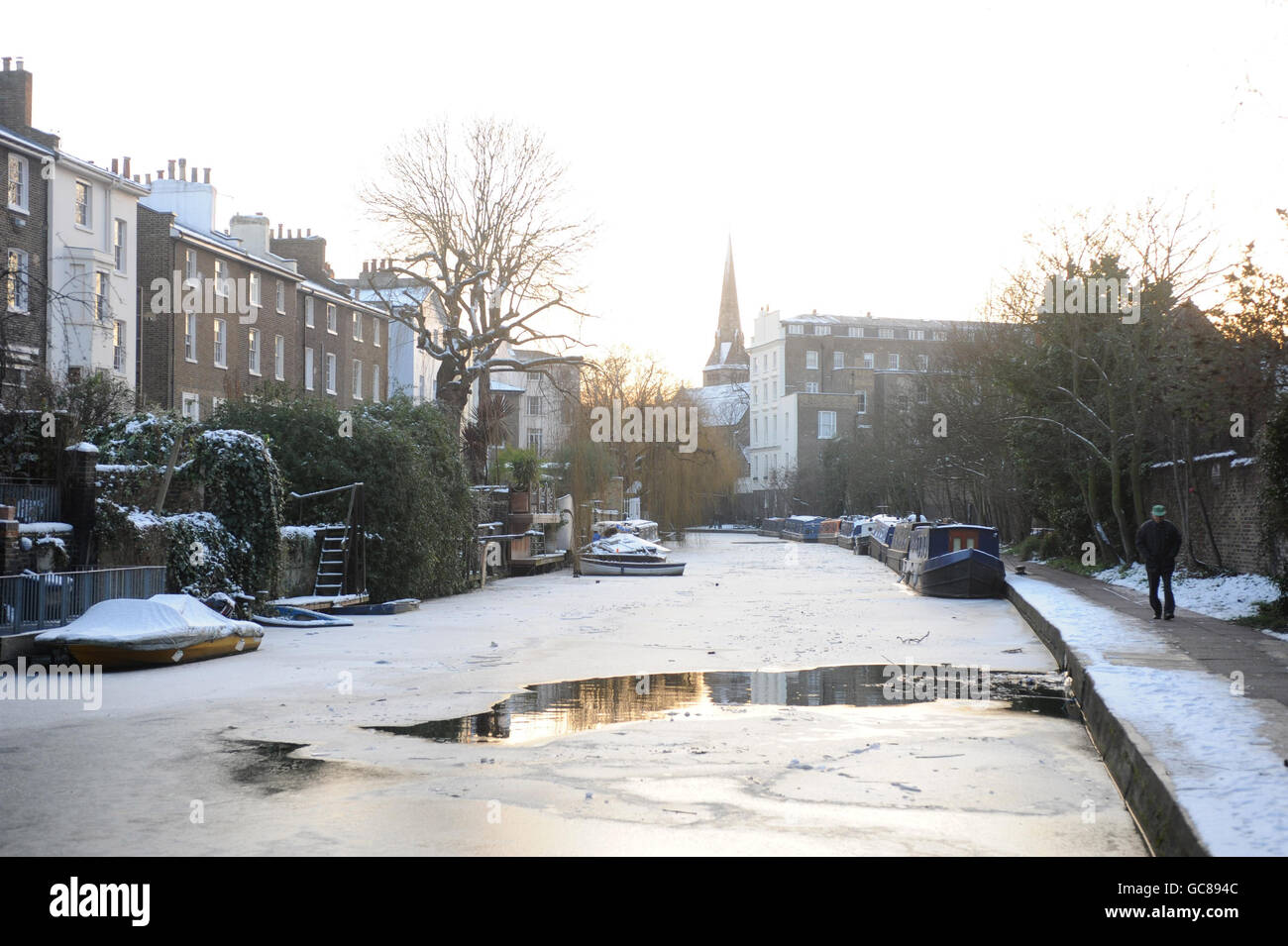 Ice covers the Regent's Canal in Primrose Hill, north London as cold ...