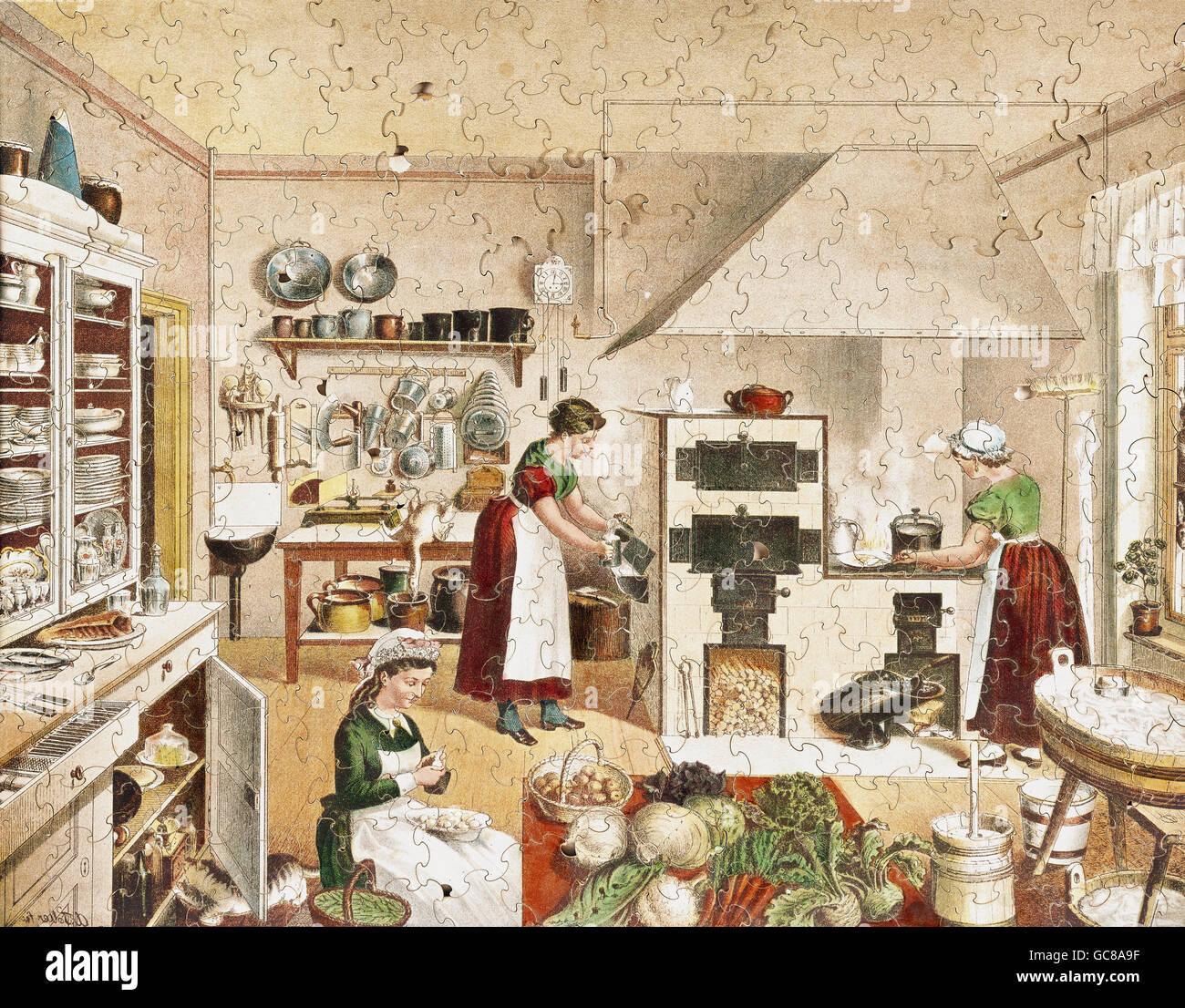 game, jigsaw puzzle, "Kitchen work", colour lithograph, Friedrich ...
