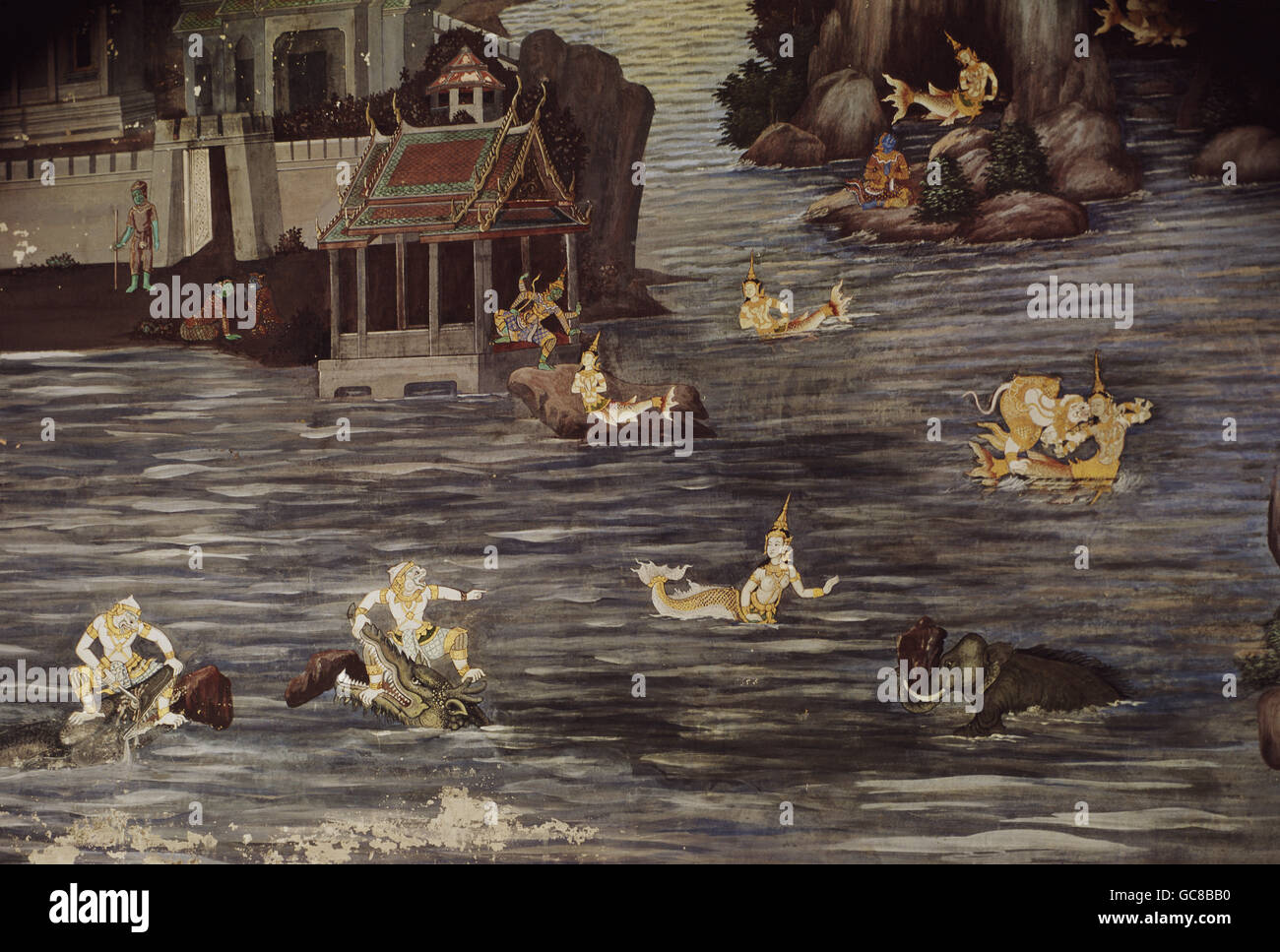 fine arts, Thailand, painting, mermaids and warriors of ape king ...
