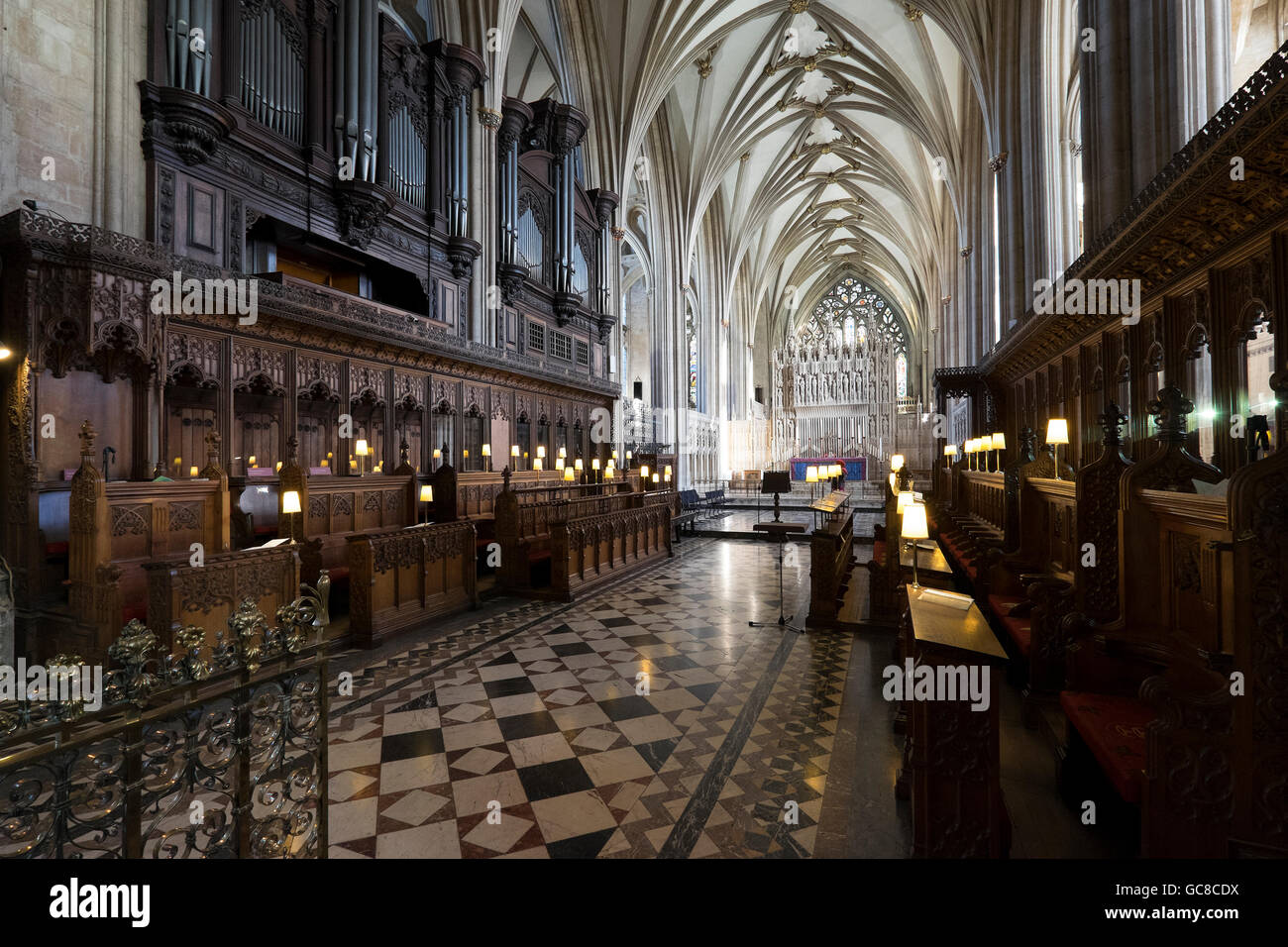 Interior of the columns and ceiling of Bristol Cathedral Stock Photo ...