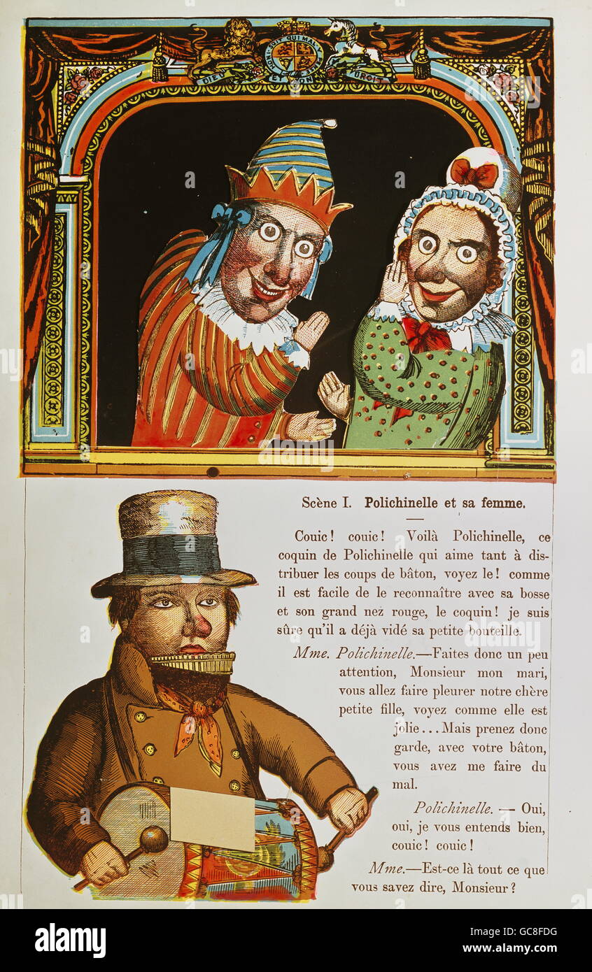 theatre, Commedia dell'Arte, Pulcinella and his wife, lithograph ...