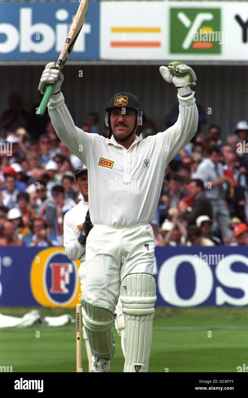 AUSTRALIAN CAPTAIN ALLAN BORDER CELEBRATES AFTER SCORING HIS CENTURY ...