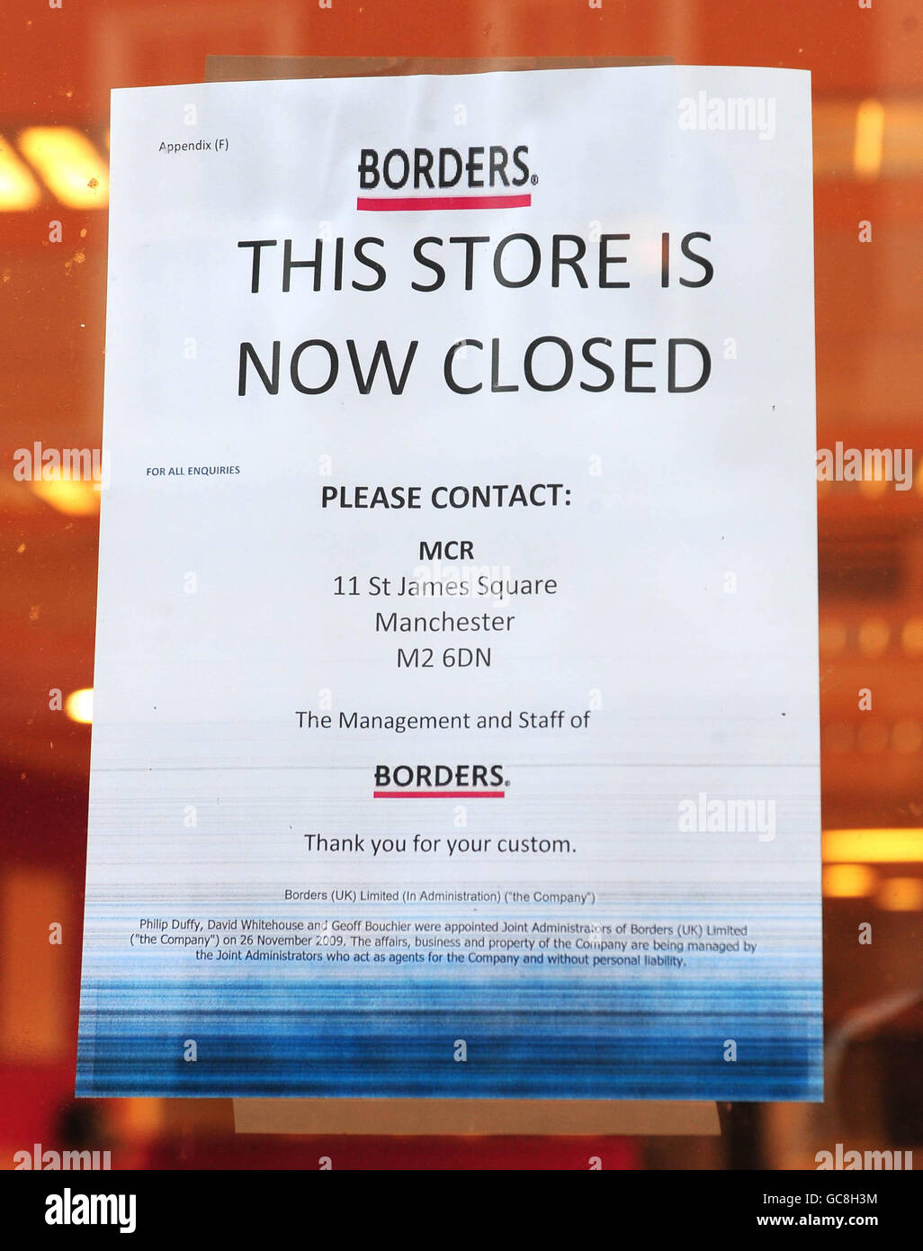 A sign on display in the window of the now closed Borders Bookshop in ...