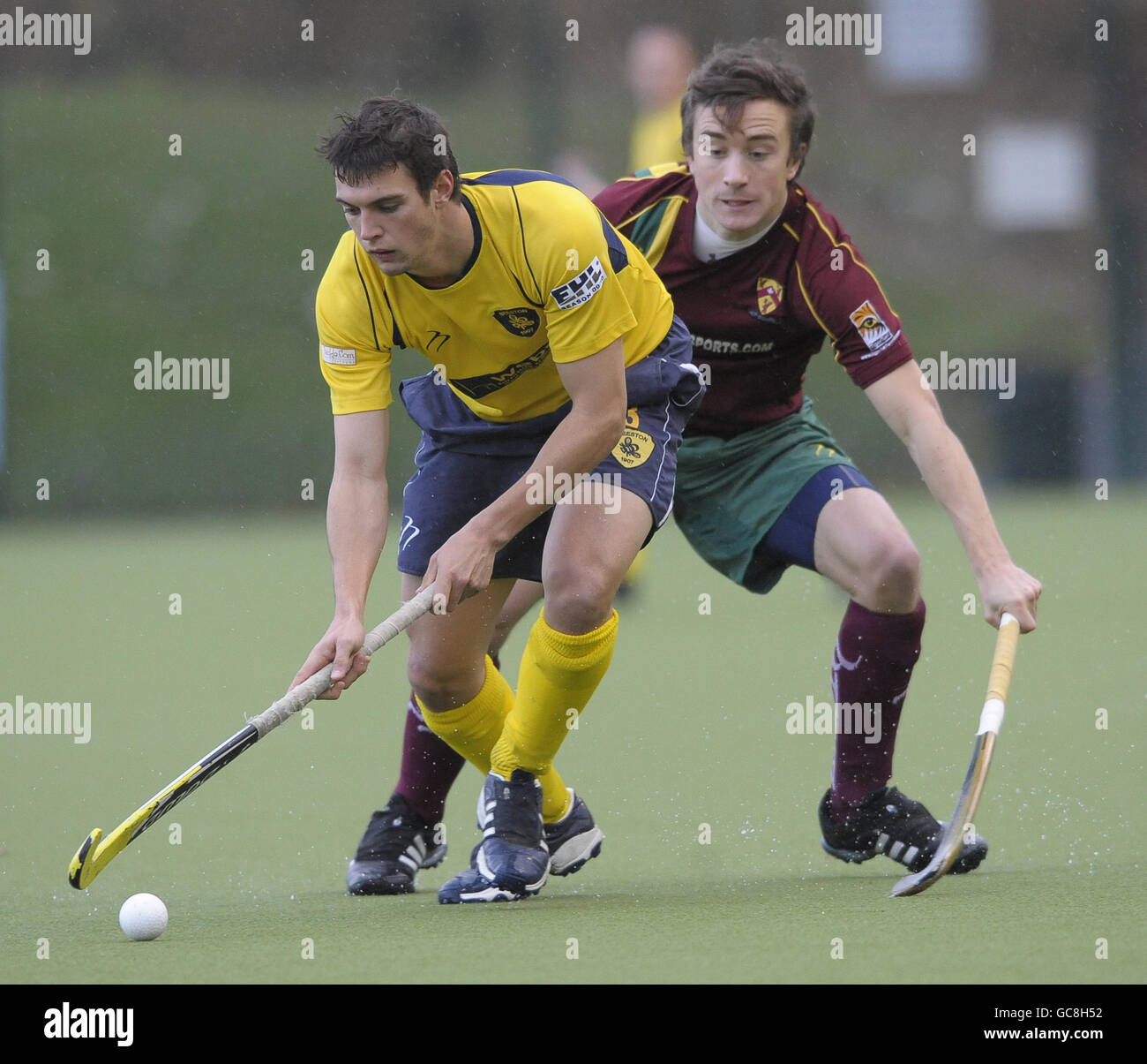Cannock's Stuart Pilgrim (right) challenges with Beeston's Mark Wadsley ...
