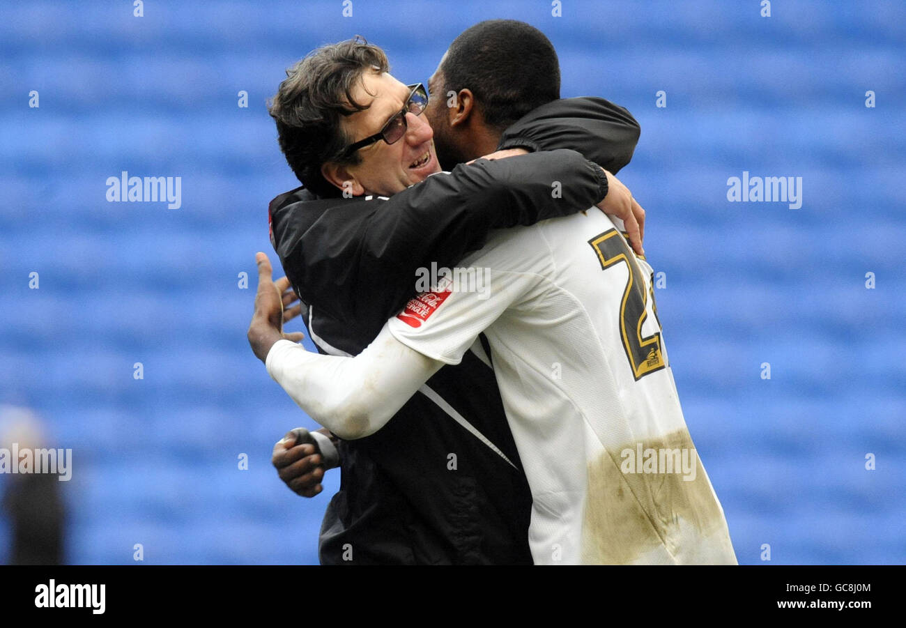 Plymouth Argyle's manager celebrates with Reda Johnson during the Coca ...