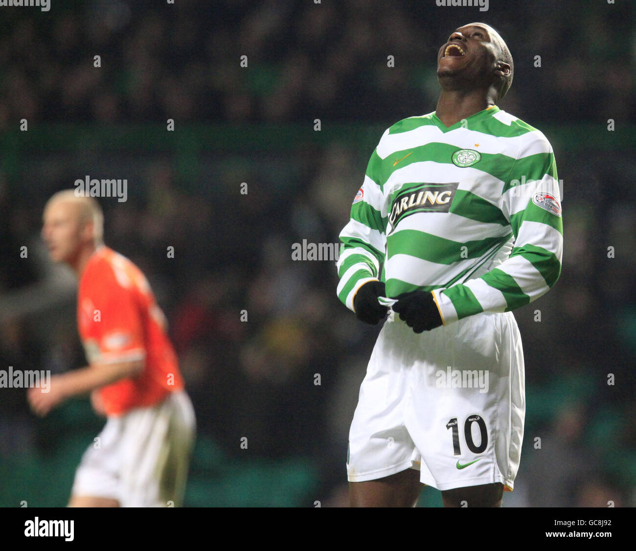 Celtic striker Marc-Antoine Fortune reacts after missing a chance ...