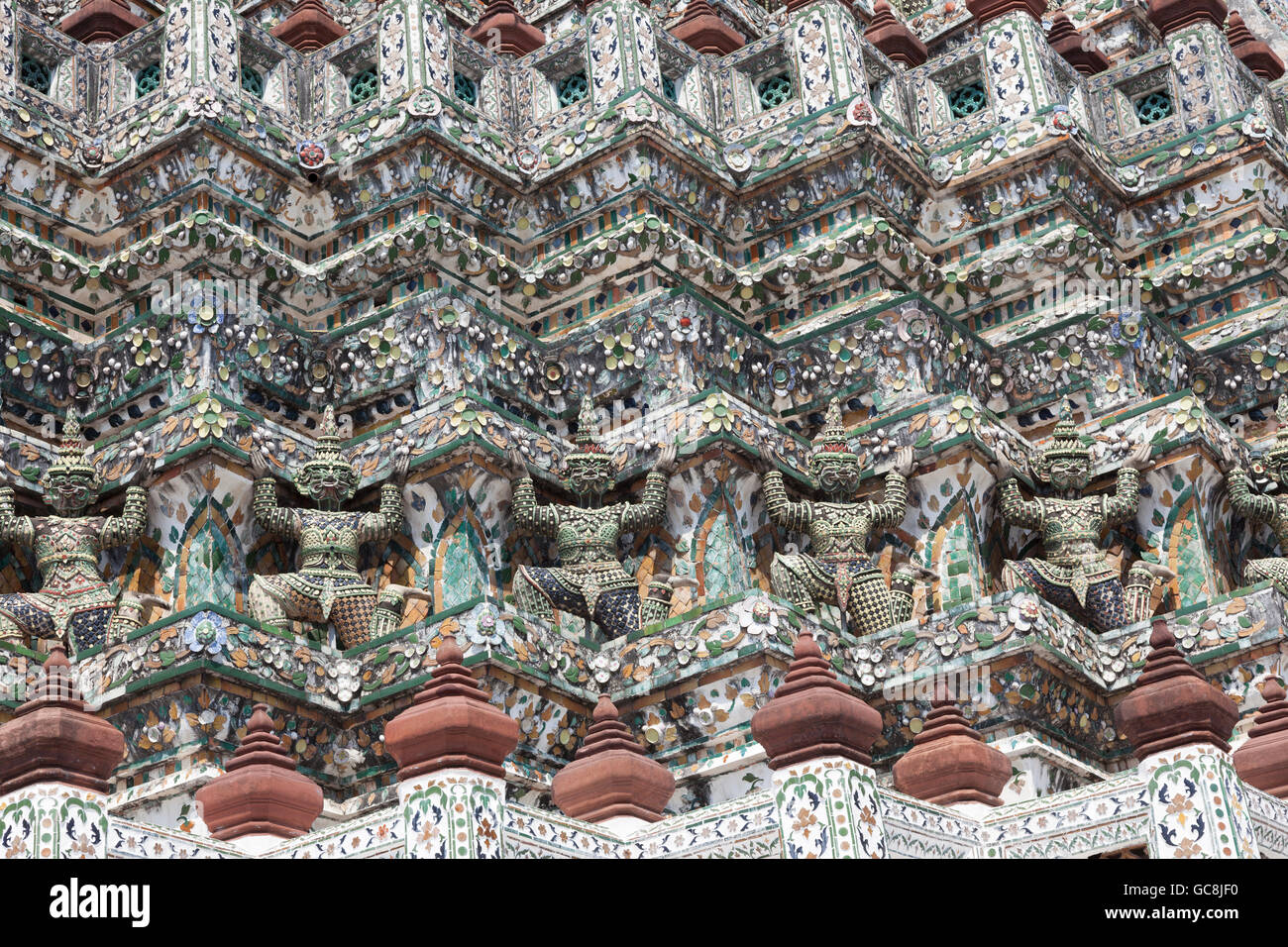 At Bangkok (Thailand), details of the Wat Arun central tower patterns ...