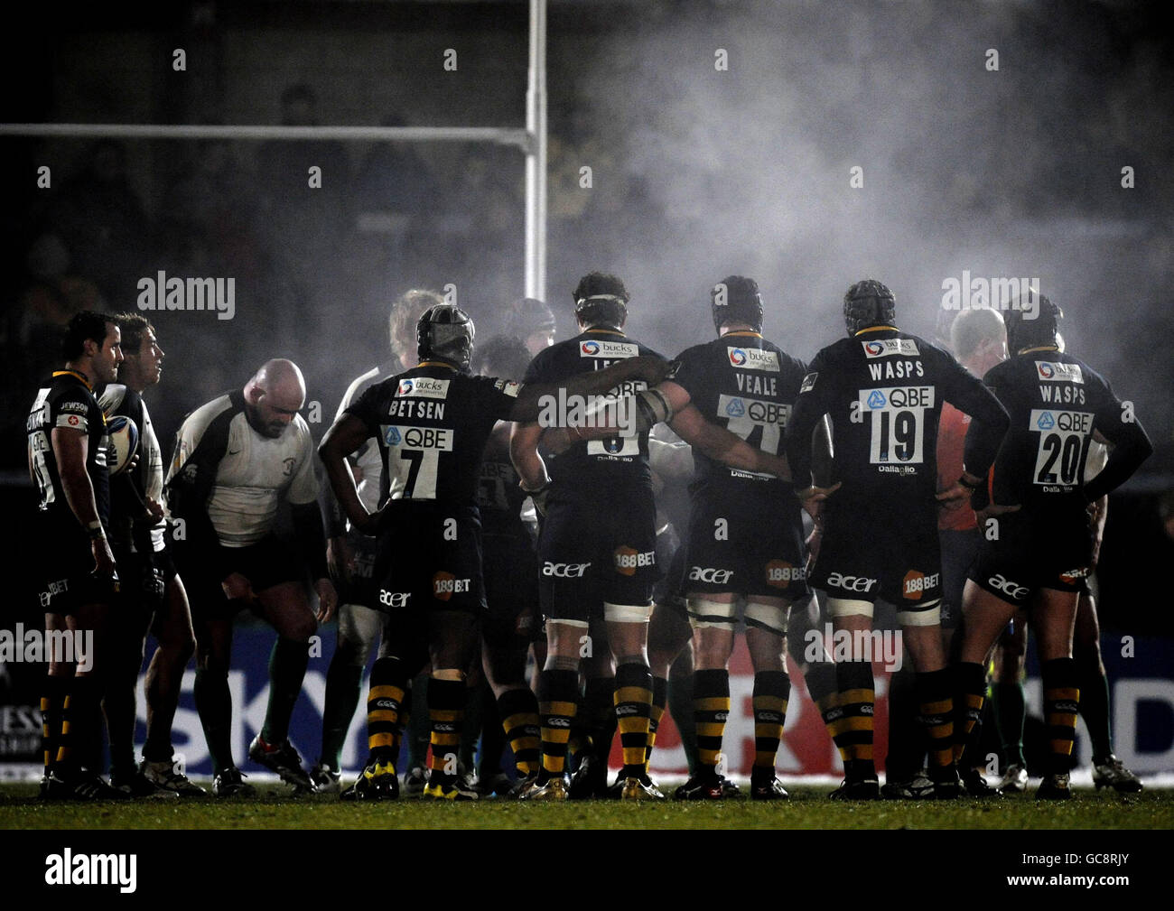 Wasps prepare to take a scrum with steam rising from the players during ...