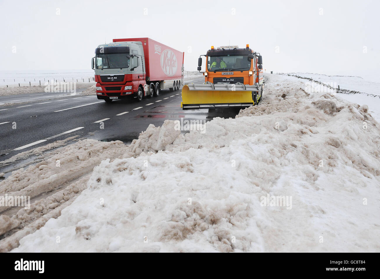 A snow plough clears thawing snow on the A66 in County Durham, which ...