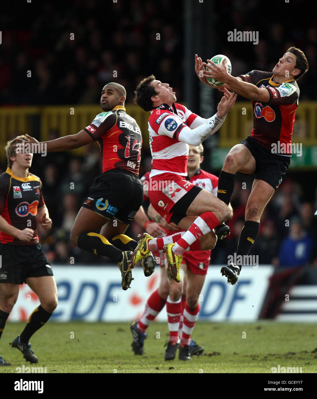 Newport Gwent Dragons' James Arlidge (right) takes a high ball under ...
