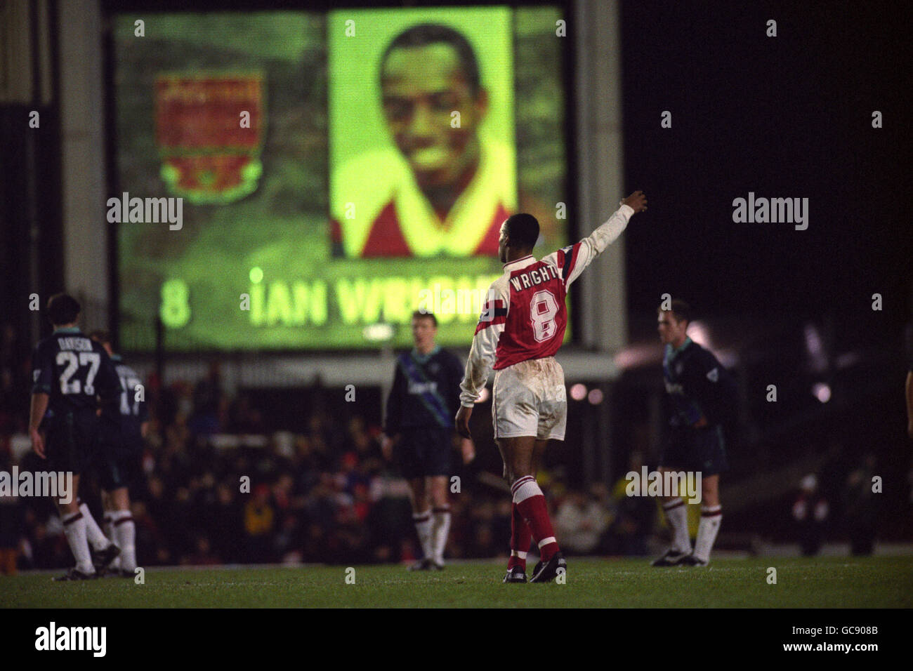 ARSENAL'S IAN WRIGHT IS CAPTURED ON THE BIG SCREEN AFTER SCORING HIS ...